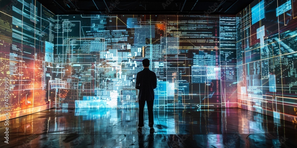 people silhouette in front of abstract connection at abstract social ...