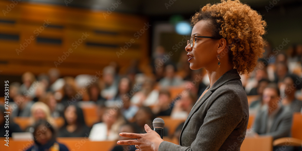 Candid photo of an empowered woman delivering an engaging and dynamic ...