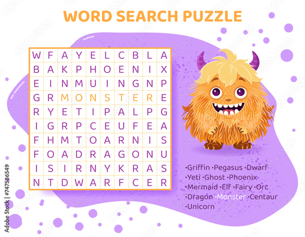 Word search puzzle with mythical animals. Magical creatures. Education ...