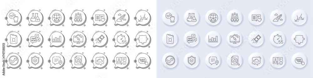Report diagram, Startup rocket and Love book line icons. White pin 3d buttons, chat bubbles ...