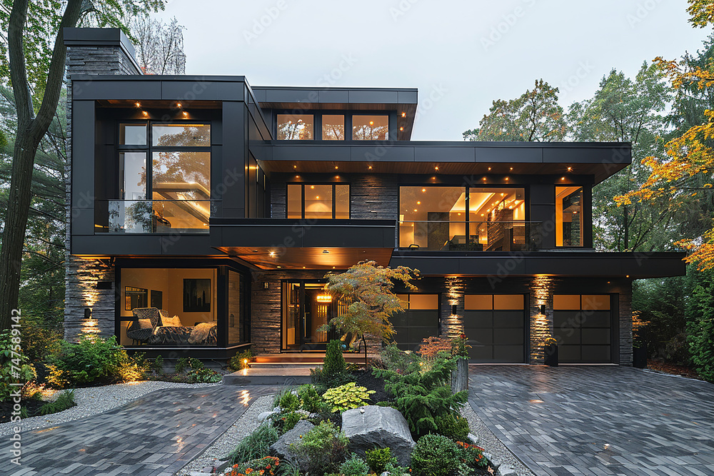 Large modern house with three garage spaces and concrete driveway ...