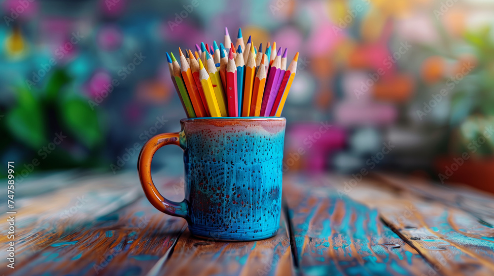 a cup full of colored pencils, with a harmonizing out-of-focus ...