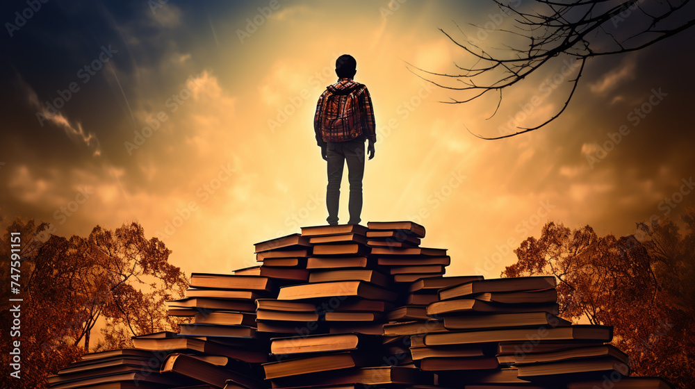 Knowledge Is The Path To Success. The man on top of a mountain of books ...