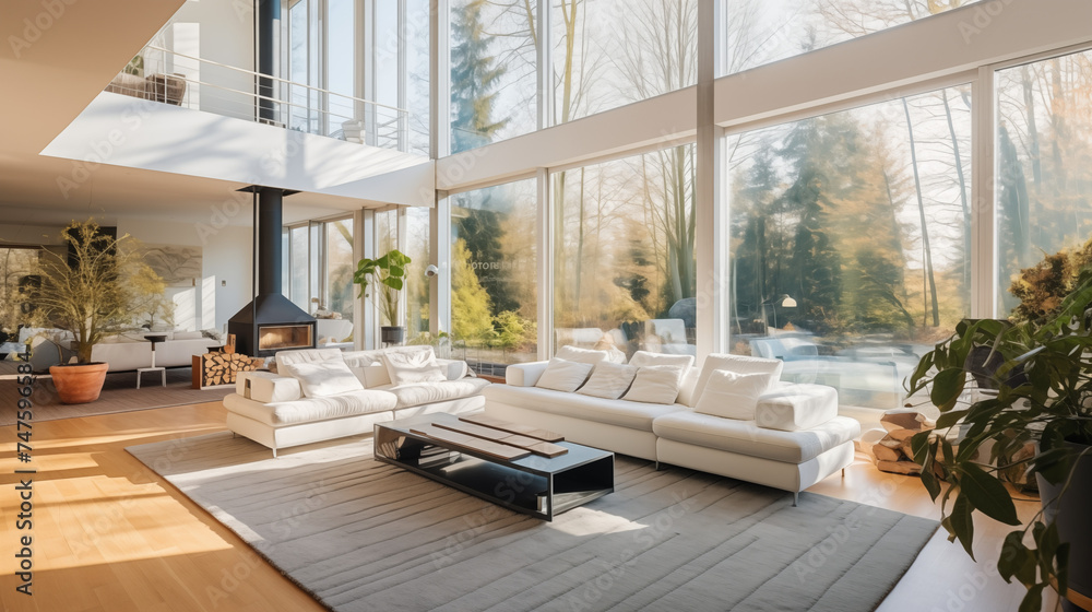 Nowoczesny jasny salon w bieli z przeszklonymi oknami i światłem. Styl ...