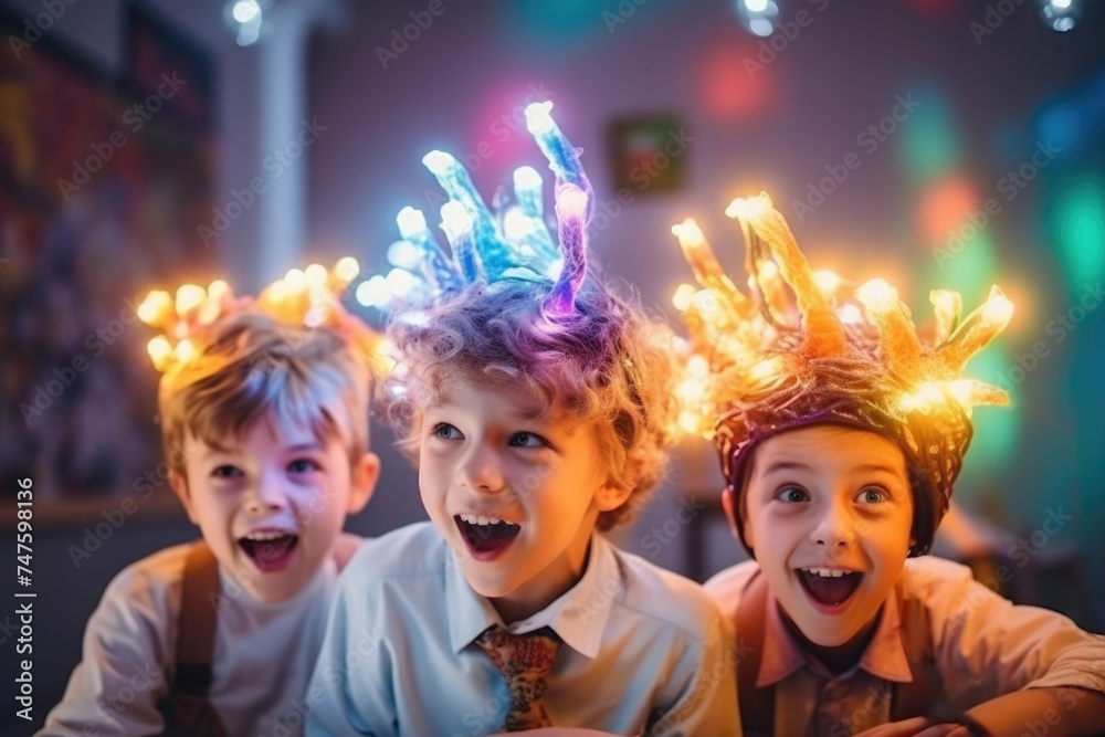 Children with glowing, colorful lights intertwined in their hair ...