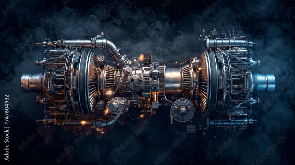 Diesel turbo engine against a dark background. From the shadows, the ...