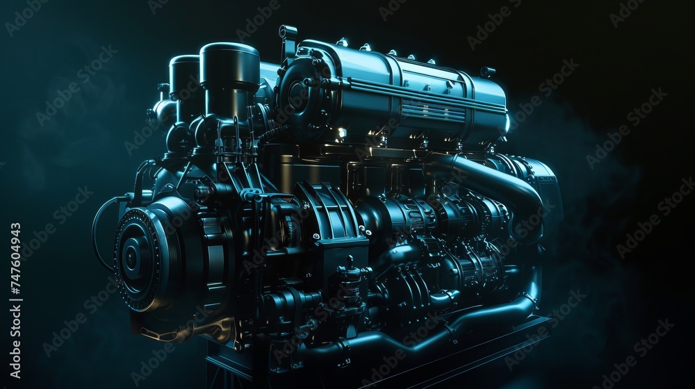 Diesel turbo engine against a dark background. From the shadows, the ...