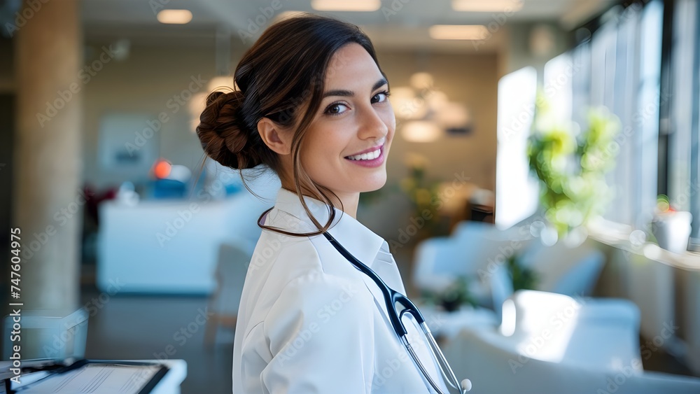 doctor at her workplace, Her brown hair, tied up in a neat bun, smiling ...