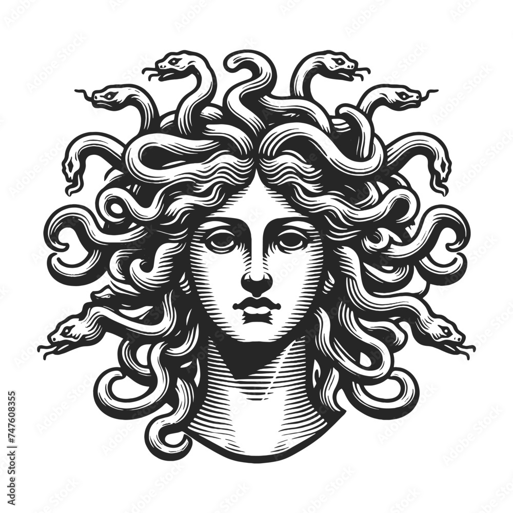 Medusa Gorgo head with snakes sketch engraving generative ai vector ...
