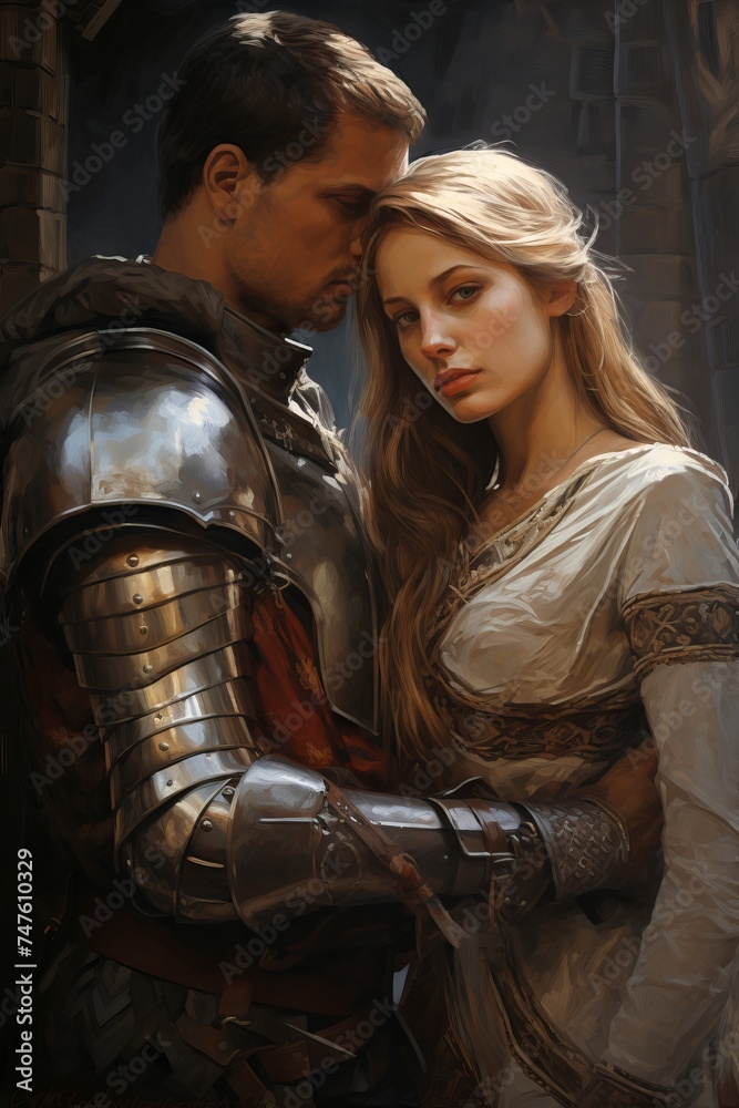 Romantic couple in historical attire embracing tenderly. Man and woman ...