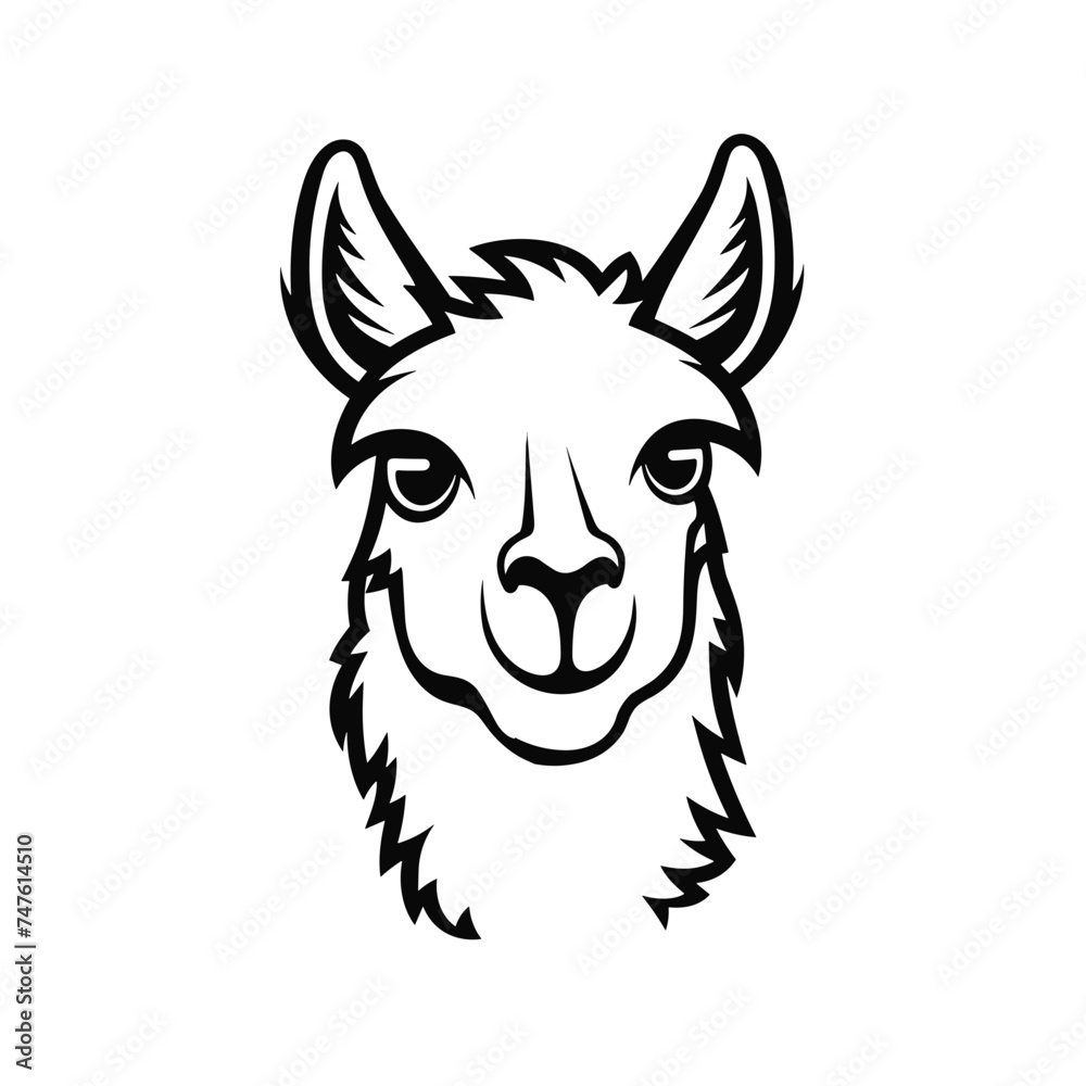 head of lama or alpaca black and white vector illustration isolated ...