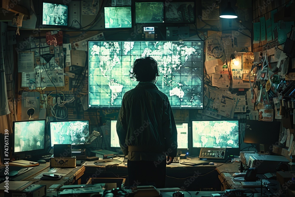 A hacker in a dark room with multiple computer screens displaying code and a digital world map ...