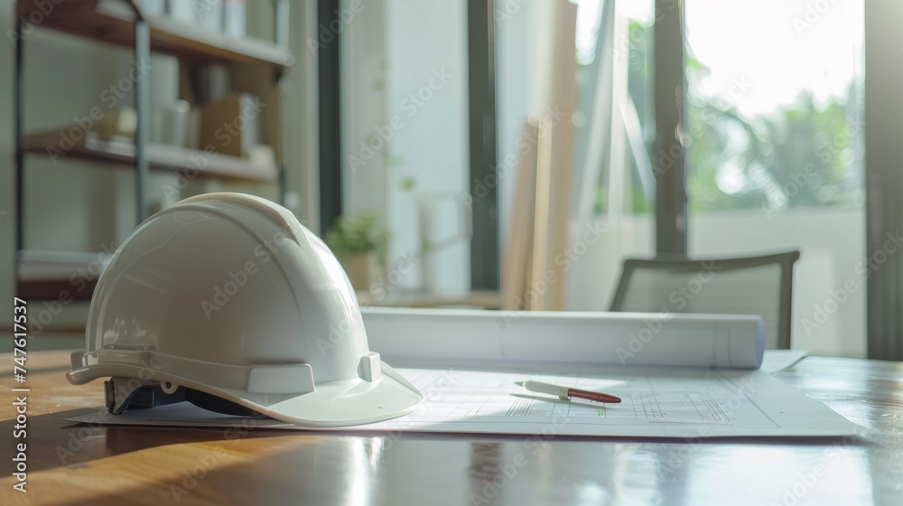 Engineer Safety White Helmet on Work Table and Blueprint for Planing ...