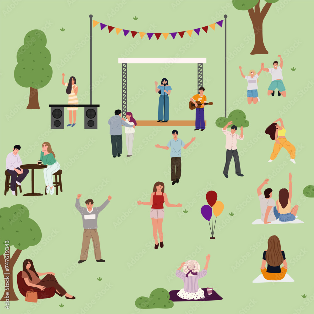 Music festival, open-air concert with outdoor stage. Young people ...