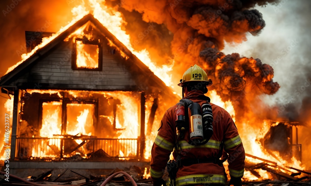 A fire chief oversees a catastrophic house fire, with flames and smoke ...