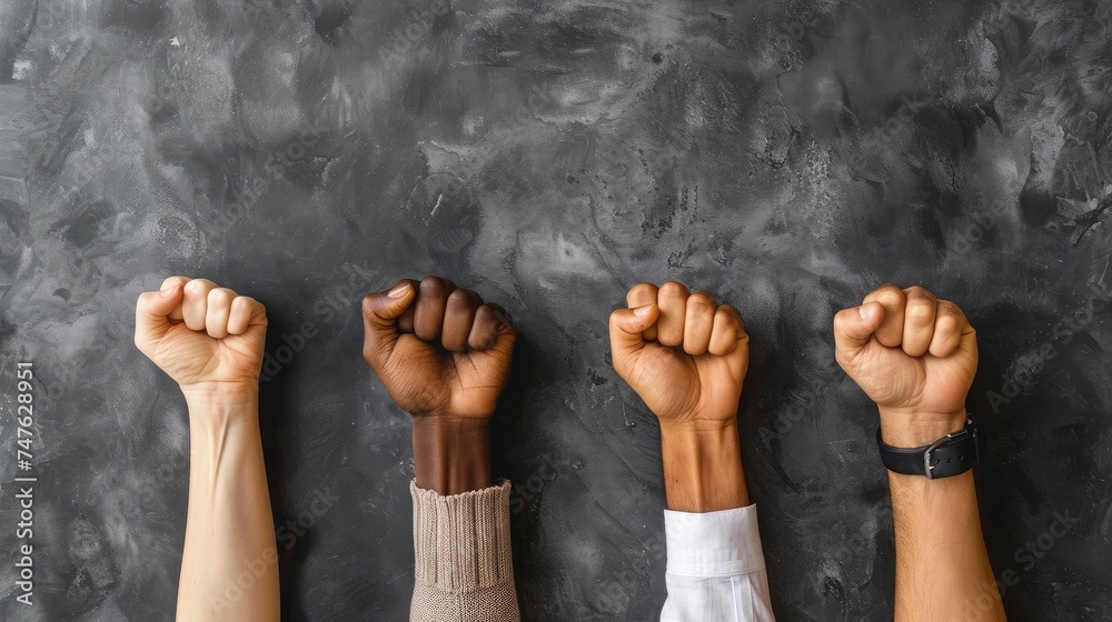 Hands of different people, of diverse race, skin color, gender raising ...