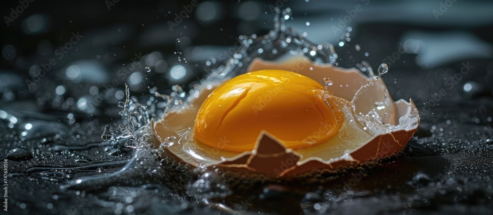 A hard boiled egg is shown with water splashing on its cracked shell ...