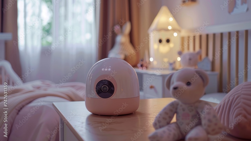 a home security camera placed in in the modern minimal Nursery Room ...