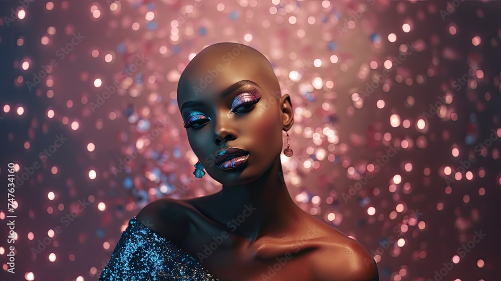 Bald african american woman in neon glowing background. portrait of ...