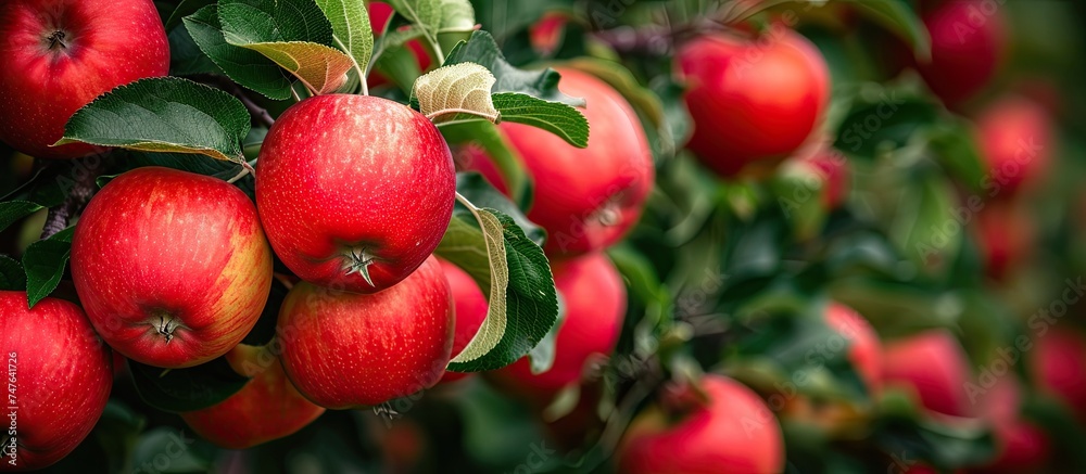 A cluster of ripe red apples dangling from the branches of a lush apple ...