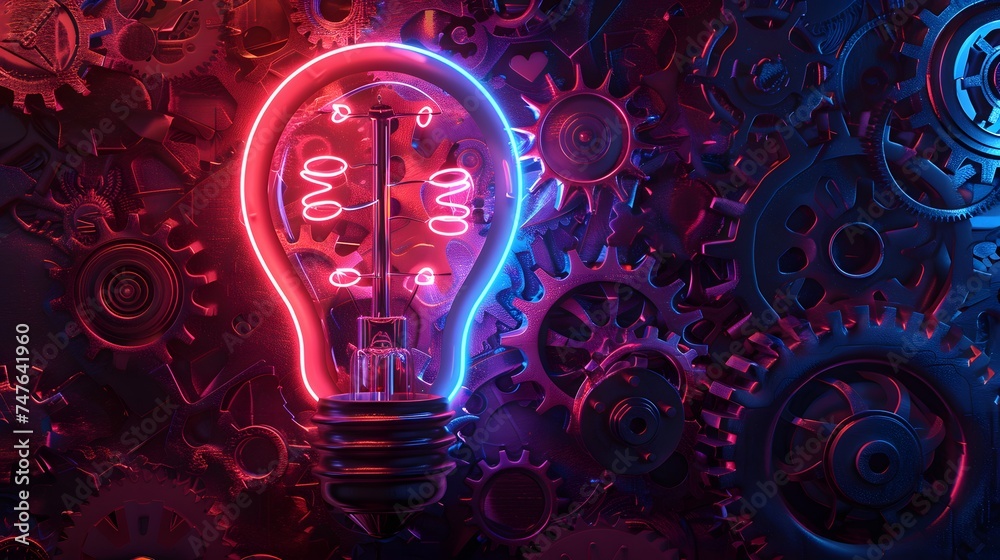 Square neon light bulb with gears and cogs working together as a ...
