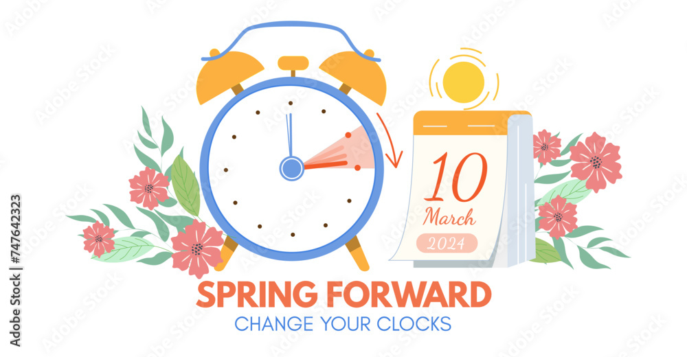 Daylight saving time, 2023 concept. Alarm clock and calendar with the ...