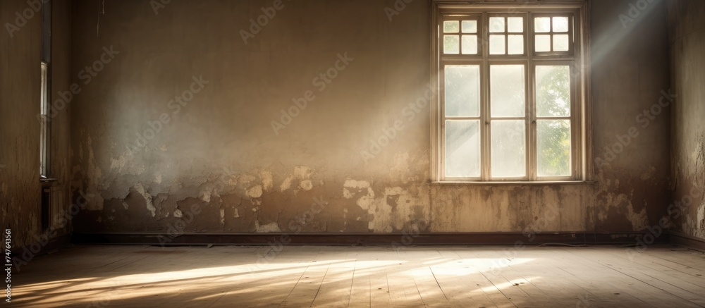 An empty room is illuminated by a beam of light pouring in through a ...