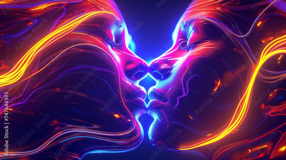 Vivid neon futuristic AI female robots. Intimate 3D-rendered human ...