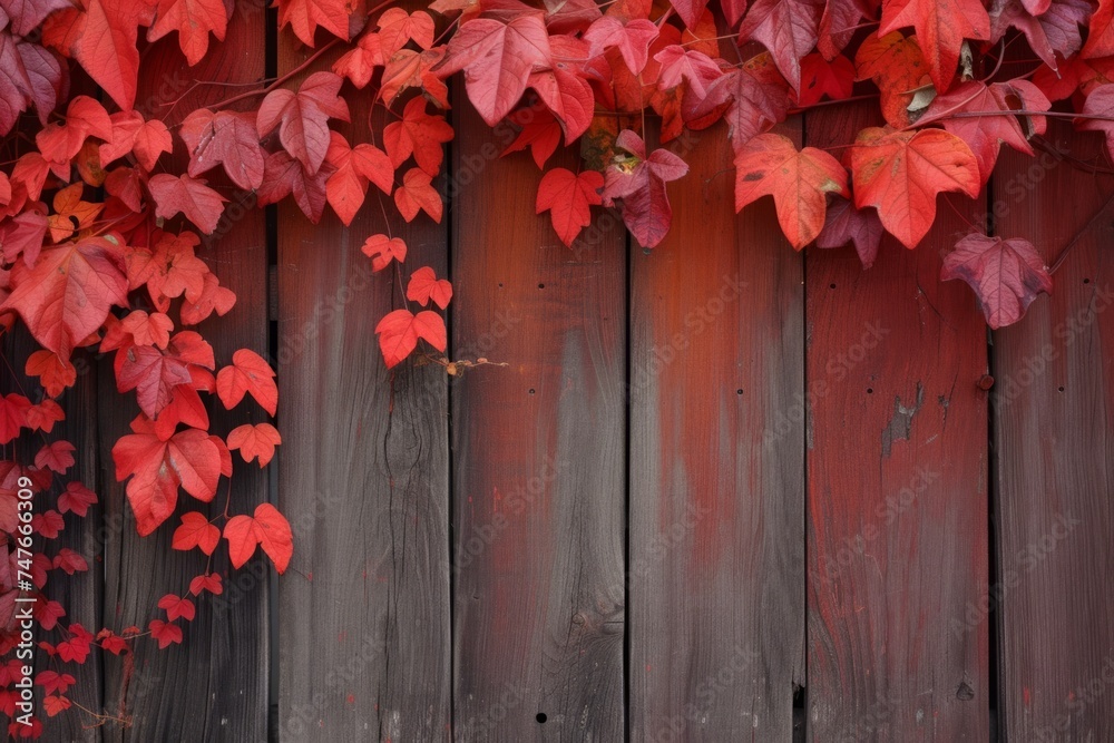Isolated image of a wooden wall gracefully covered in climbing red ...