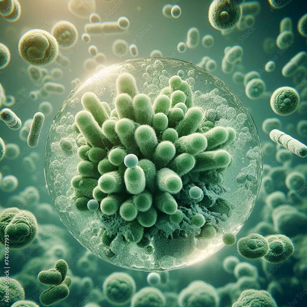 Bunch of Floating Green Bacteria Bacterial Cells. Bubbles Clumped ...