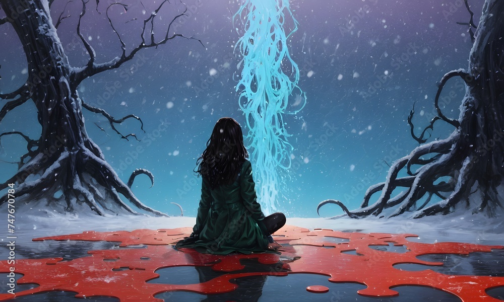 A solitary figure finds solace on a floating jigsaw piece amidst a ...