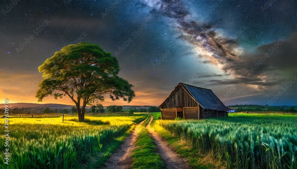 animal farm night with road lights in the starry sky; scenic arable and ...