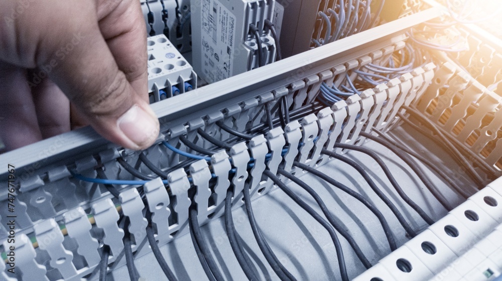 an electrician's hand is opening or closing the circuit cable cover on ...