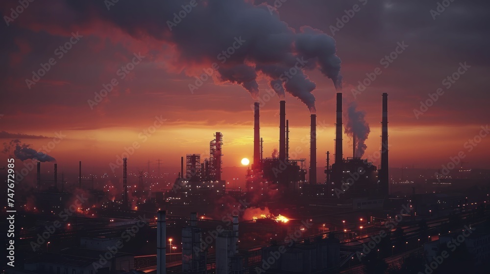 Sunrise illuminates a sprawling factory complex, its stark silhouette ...