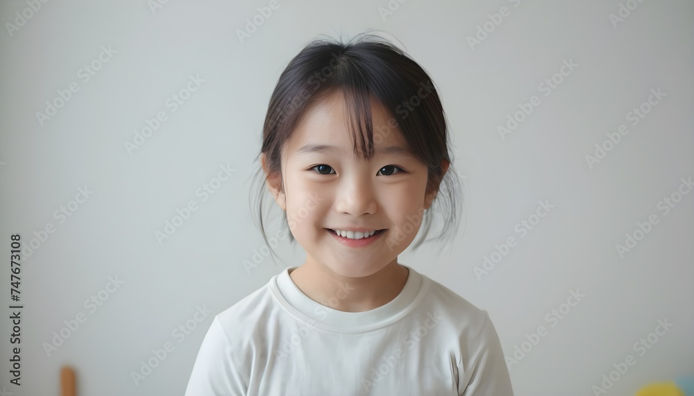 Portrait of cute Asian kid, child, on a plain white background. Simple home setting. Stock Photo ...