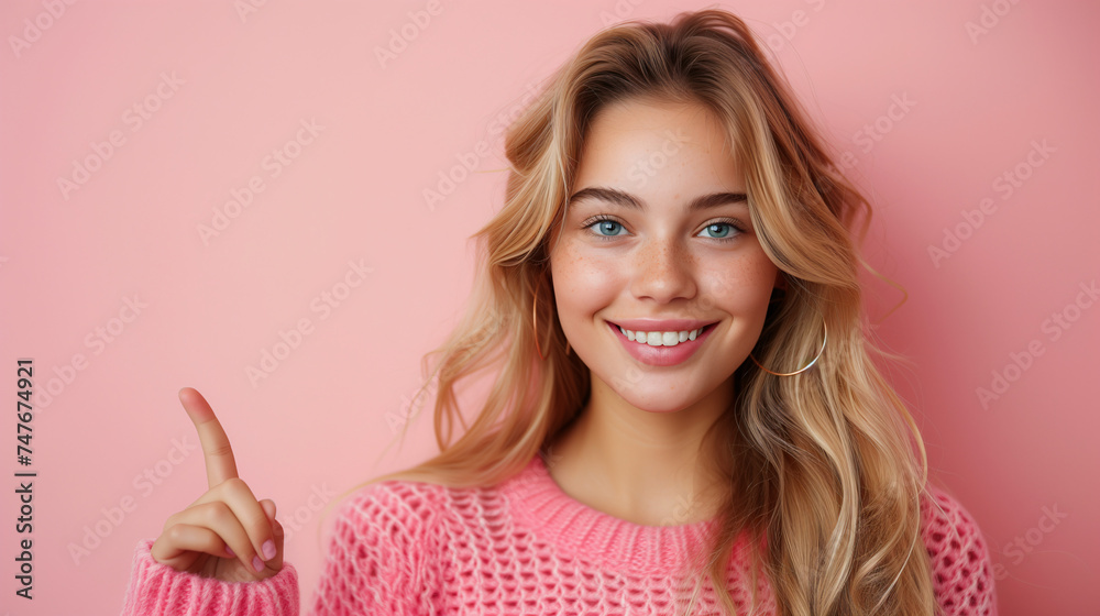 A lively girl points to a vibrant banner for expressive ads. Her ...