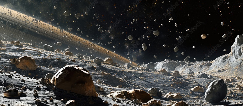 This 3D banner depicts a rocky landscape filled with rocks and boulders ...