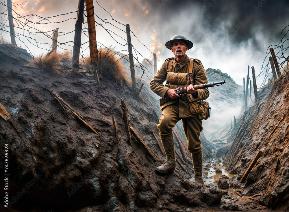 Foto de Brave soldier leading troops into combat during through a muddy ...
