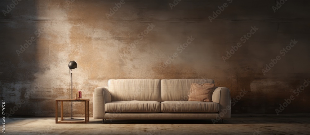 A light-colored couch is positioned in a room next to a standing lamp ...
