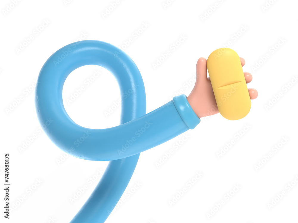 3d render. Doctor or pharmacist cartoon hand holds big blue pill ...