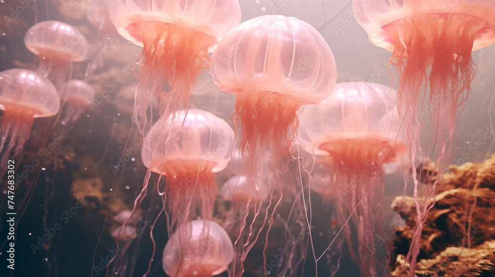 Quallen im Meer, Durchsichtige und reflektierende Quallen treiben im ...