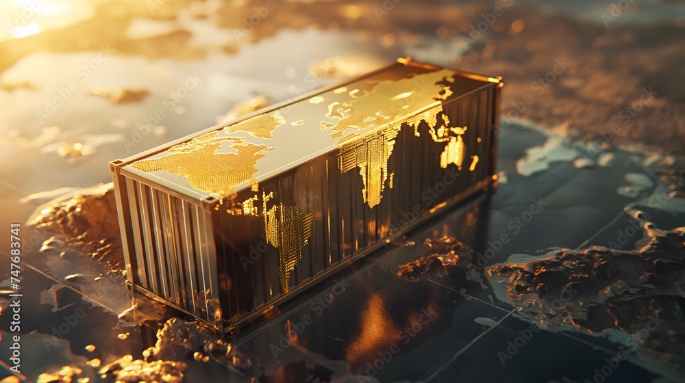 Seecontainer, Container auf einer goldenen Karte mit den Konturen der ...