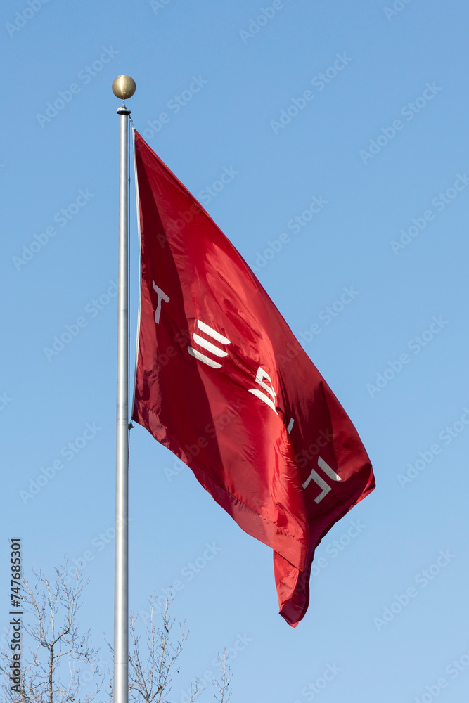 Fremont, CA, USA - Feb 21, 2024: Tesla flag is seen at the Tesla ...