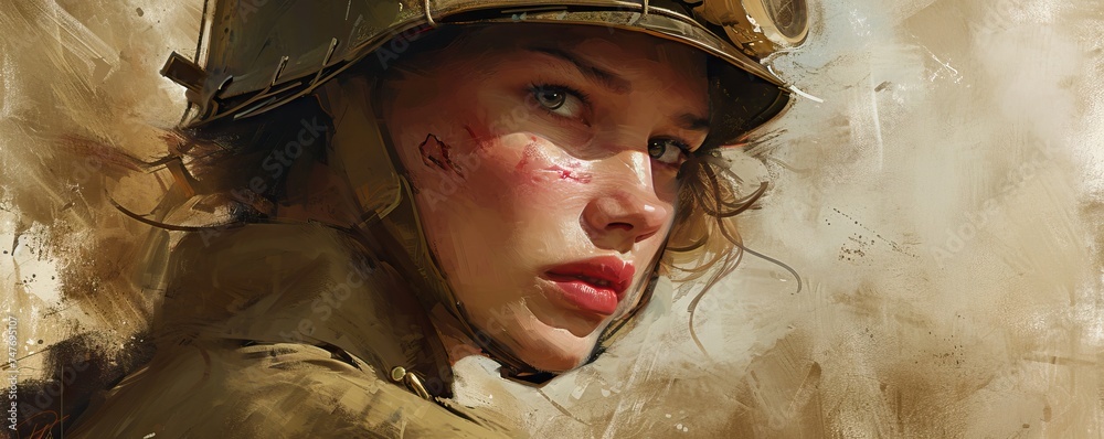 Courageous female soldier. Young girl wearing retro military uniform ...