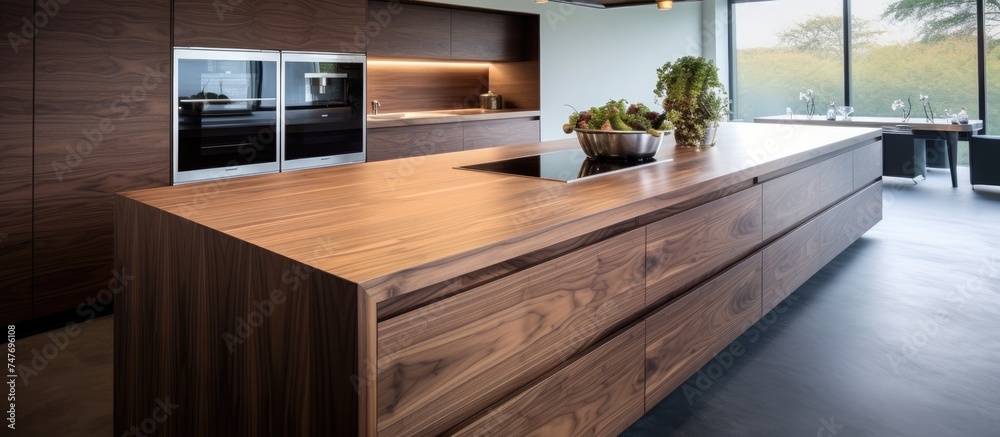 A modern kitchen showcasing a generously sized wooden counter top ...