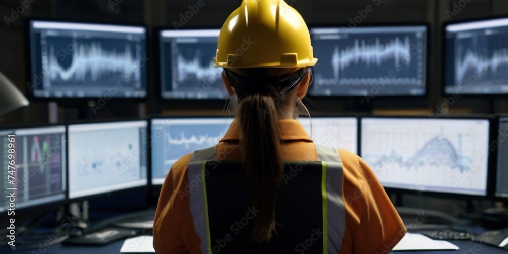 female engineer sitting at a desk in a control room, Women engineer ...
