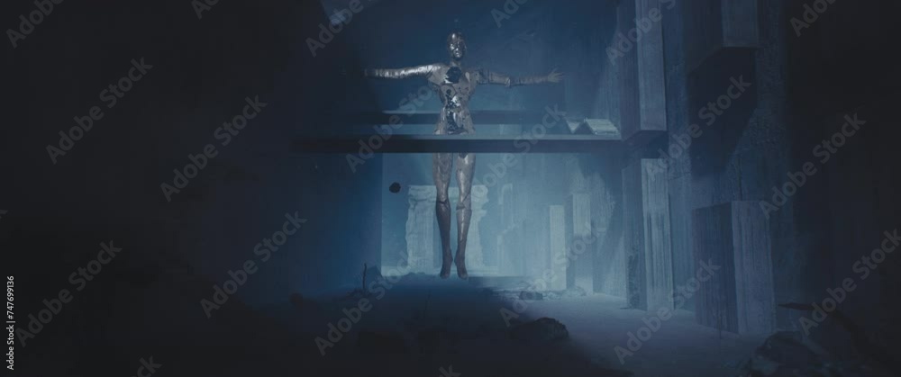 Ancient metal statue levitates in the concrete temple at night Stock ...
