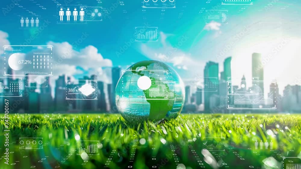 Sustainable technology theme with a holographic globe in nature, urban ...