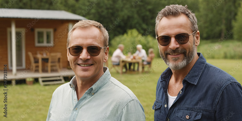 Two mature men, their casual attire reflecting the relaxed atmosphere ...