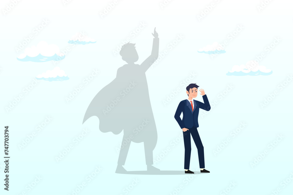 Self doubt businessman standing with his skillful power superhero ...